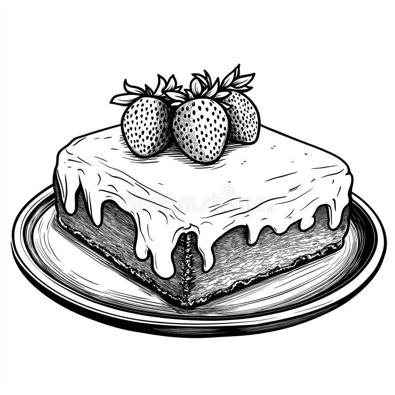 Black and White Line Drawing of a Cake on a Plate. Stock Illustration ...