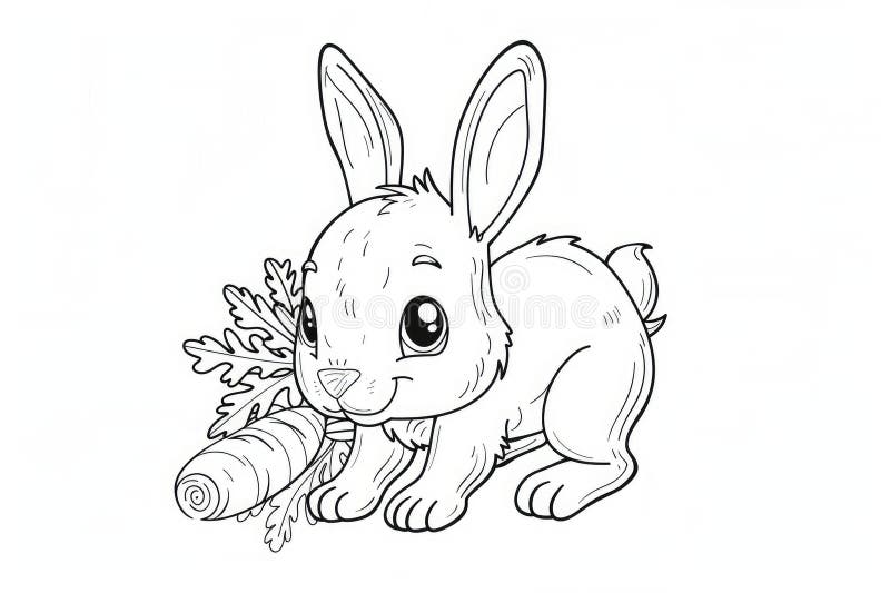 A Black and White Line Drawing of a Cartoon Rabbit a Carrot, Suitable ...