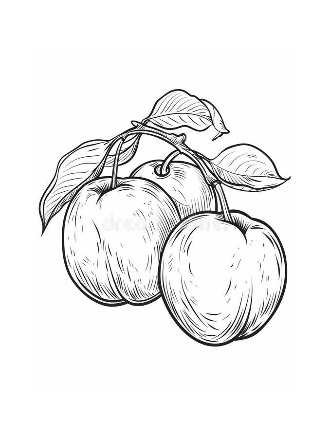Black and White Line Drawing of a Cluster of Three Round Fruits with ...