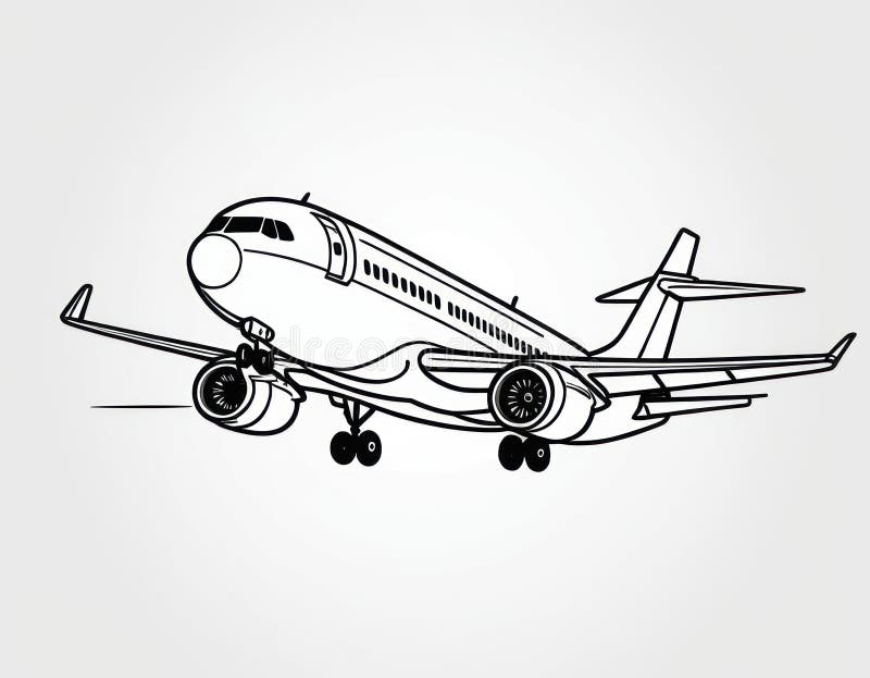 Black and White Line Drawing of a Commercial Jet Airplane. Stock ...