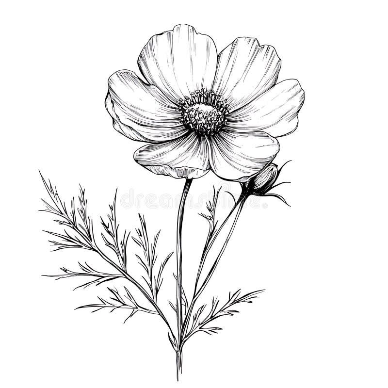 Black and White Line Drawing of a Cosmos Flower Stock Illustration ...