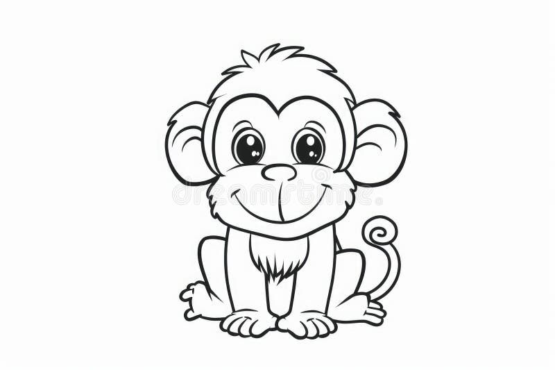 Black and White Line Drawing of a Cute Cartoon Monkey in a Seated ...