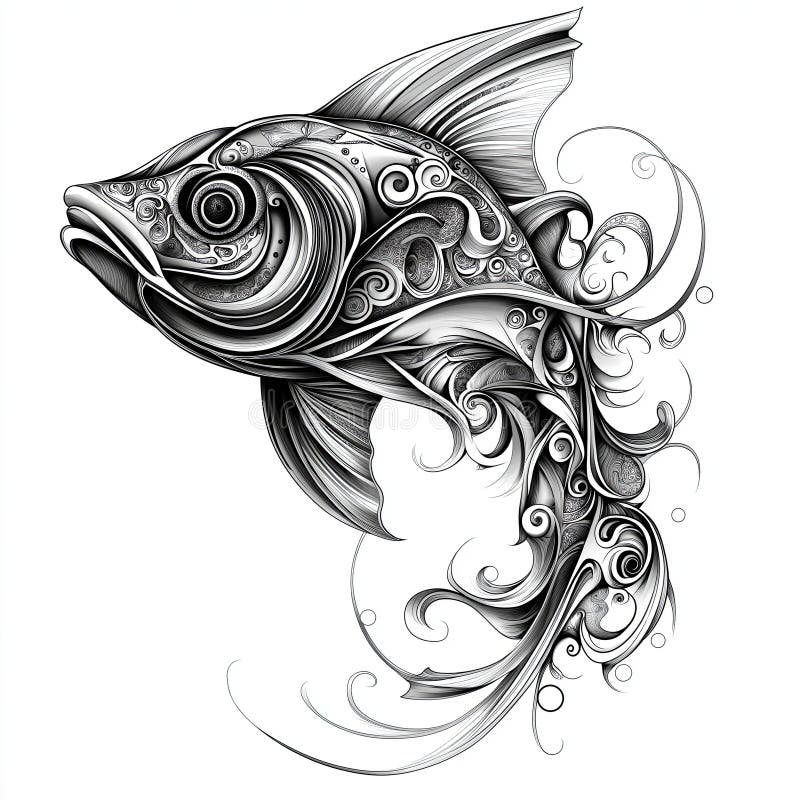 Black and White Line Drawing of a Fish. Stock Illustration ...
