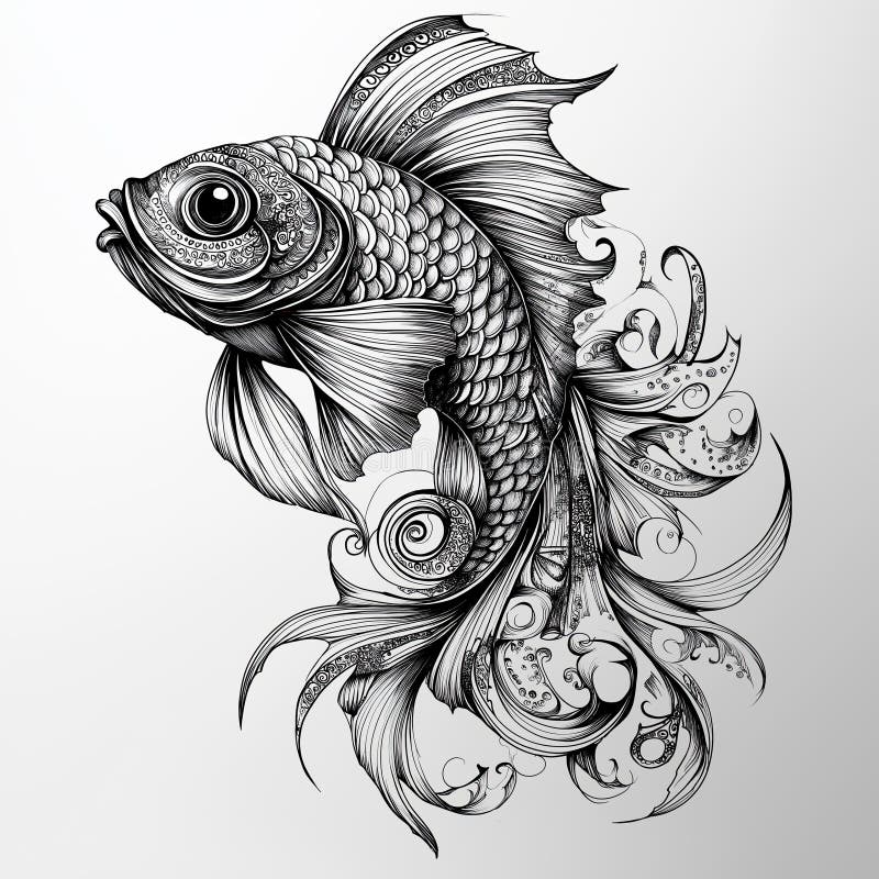 Black and White Line Drawing of a Fish. Stock Illustration ...