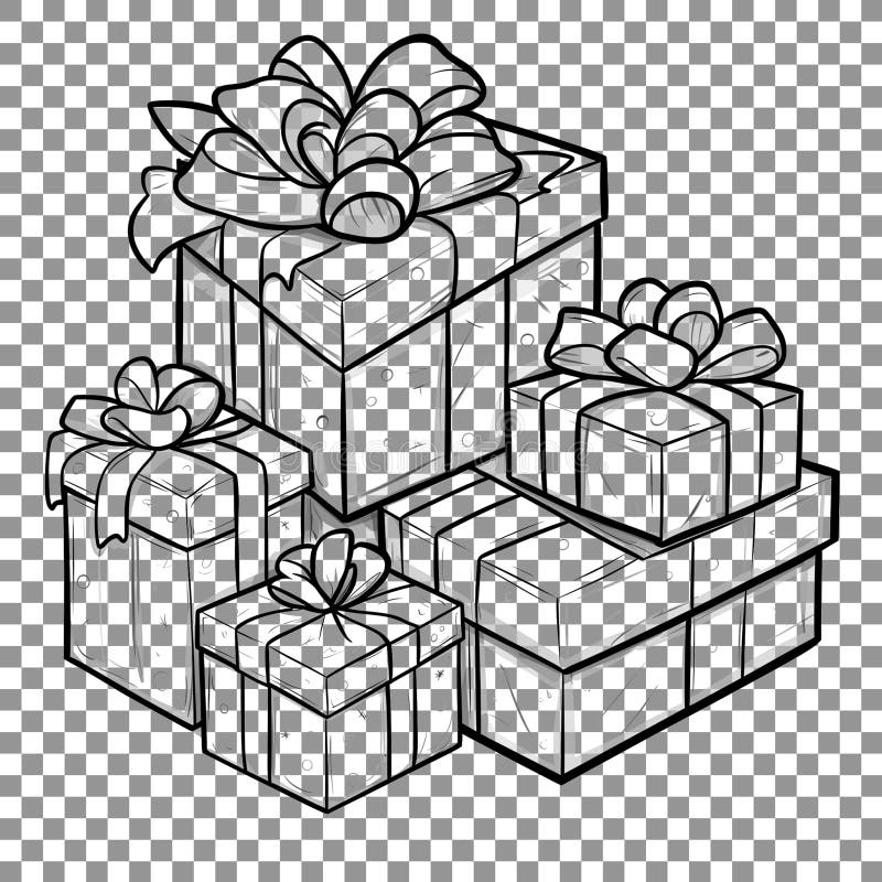 A Black and White Line Drawing of Five Gift Boxes Arranged in a Pyramid ...