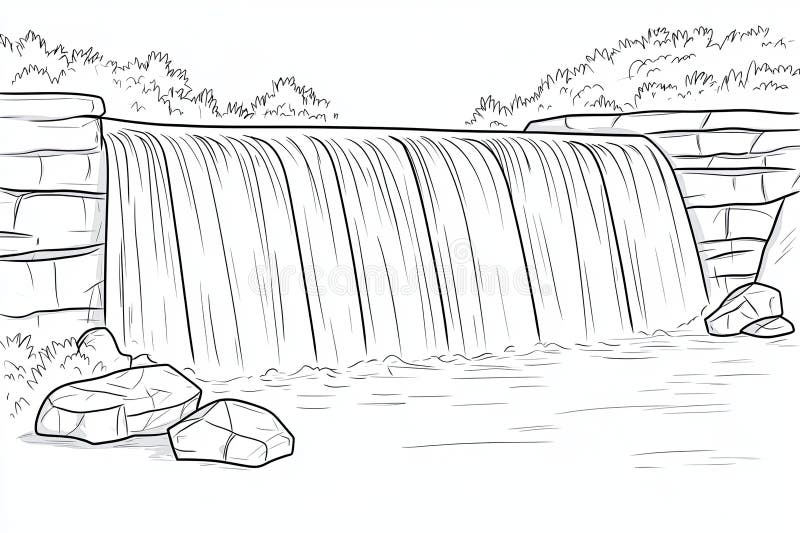 A Black and White Line Drawing Illustration of a Waterfall Cascading ...