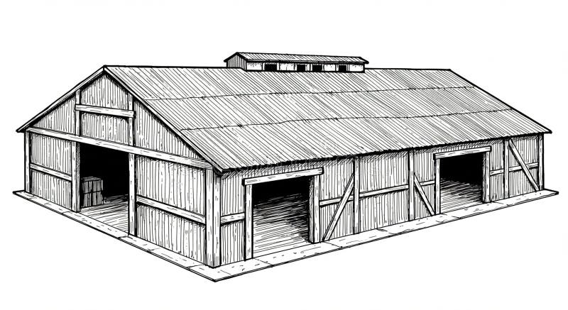 A Black and White Line Drawing of a Large Barn Features a Simple ...