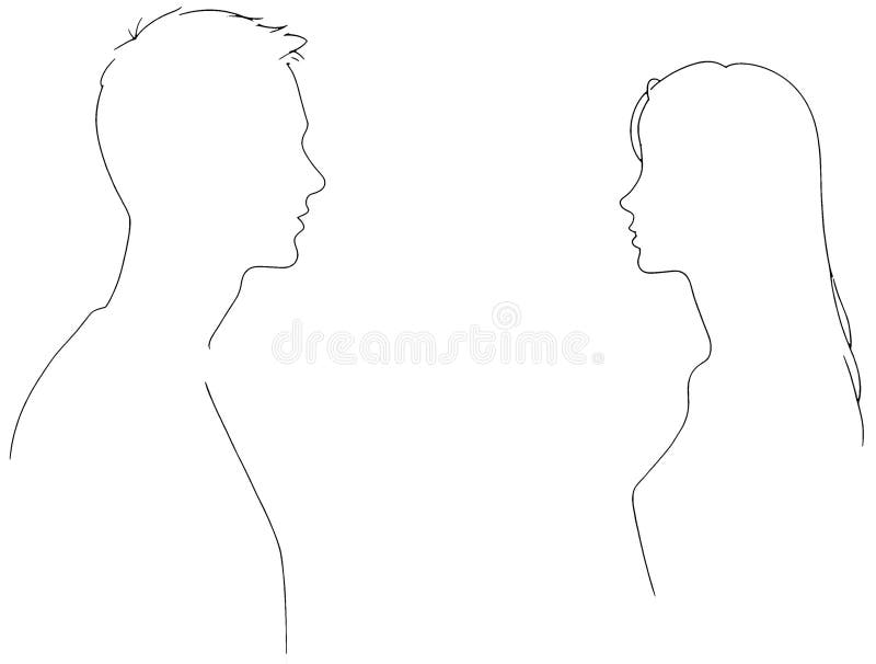 Black and White Line Drawing of a Man and Woman Conversing Stock ...