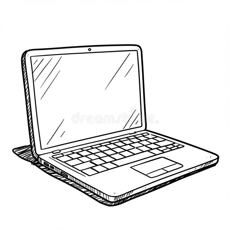 Black and White Line Drawing of an Open Laptop, Featuring a Rectangular ...