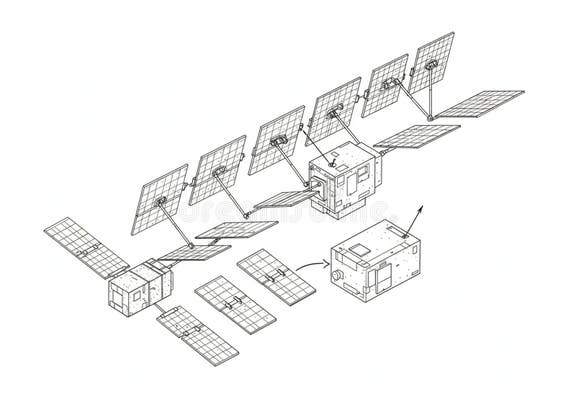Black and White Line Drawing of a Satellite Assembly. Several Satellite ...