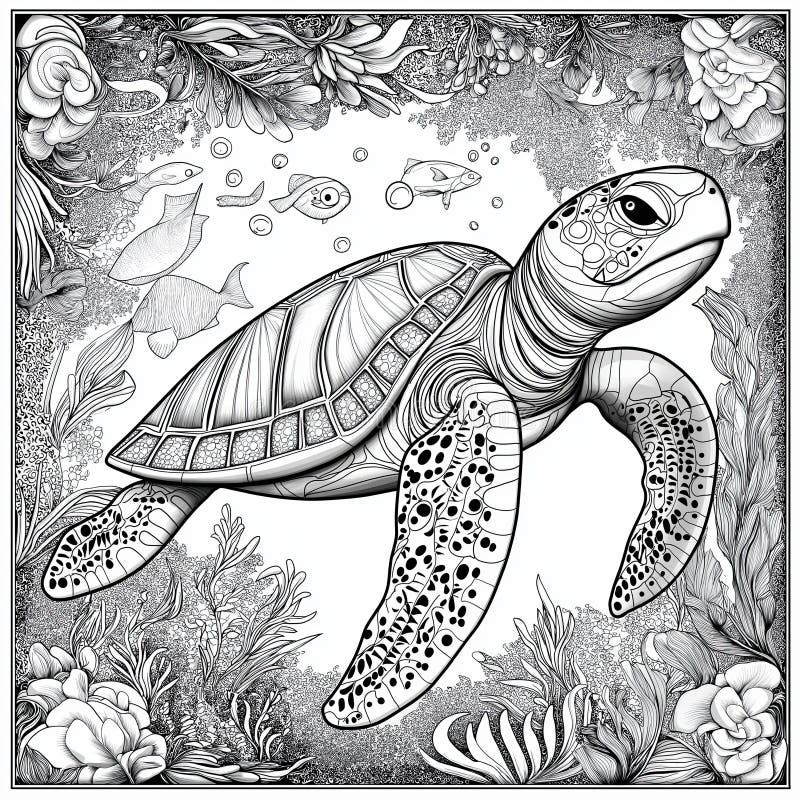 Black and White Line Drawing of a Sea Turtle Swimming in an Underwater ...