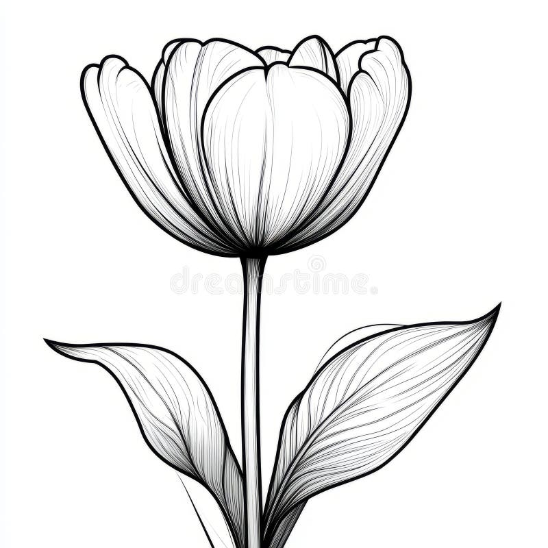 Black and White Line Drawing of a Single Tulip. Stock Illustration ...