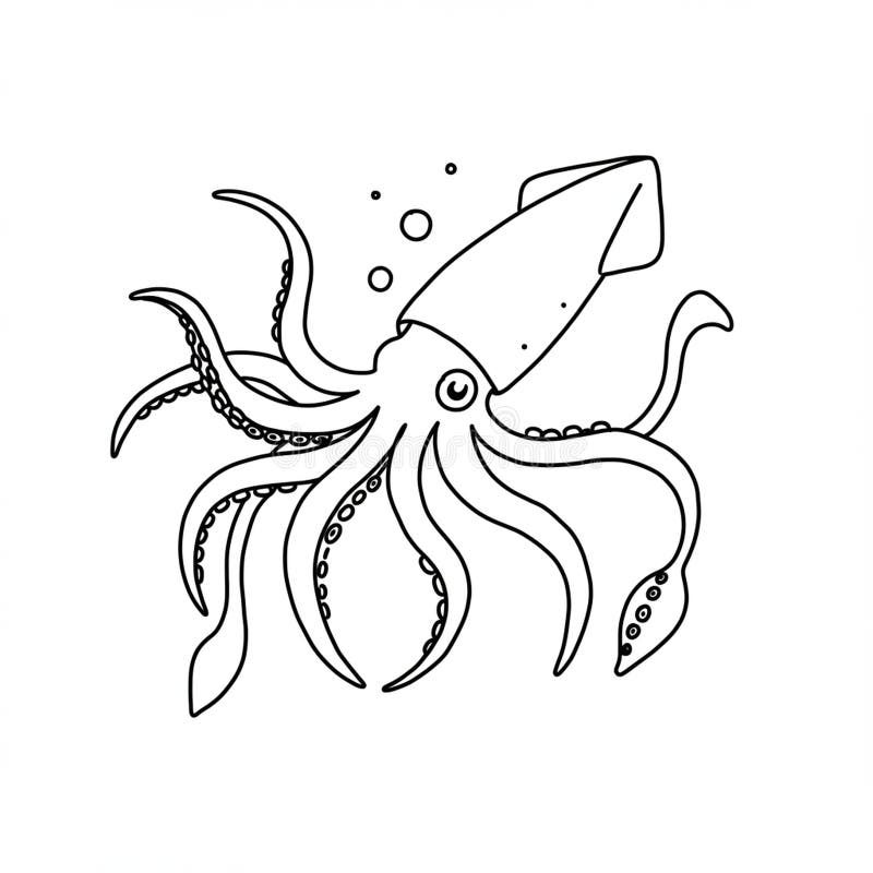 Black and White Line Drawing of a Squid with a Streamlined Body and ...