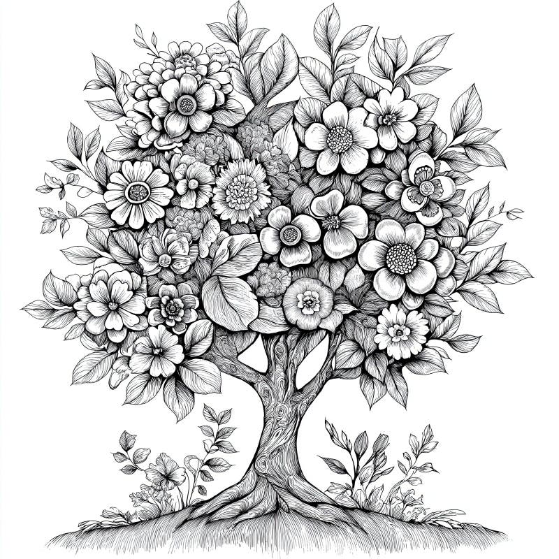 Black and White Line Drawing of a Tree with a Large Canopy of Flowers ...