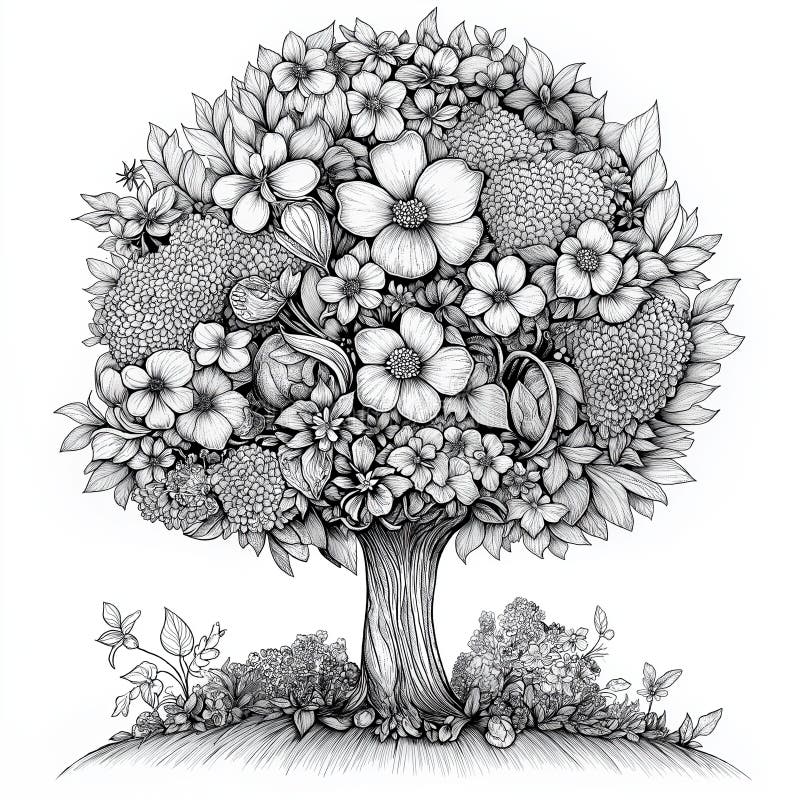 Black and White Line Drawing of a Tree with a Large Canopy of Flowers ...