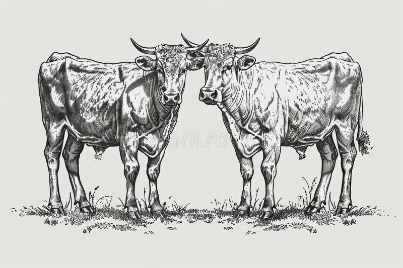 A Black and White Line Drawing of Two Bulls Standing Side by Side in a ...