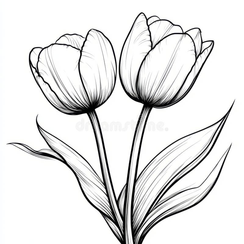 Black and White Line Drawing of Two Tulips. Stock Illustration ...