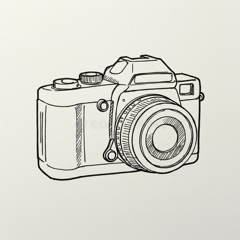 Black and White Line Drawing of a Vintage-style Camera, Featuring ...