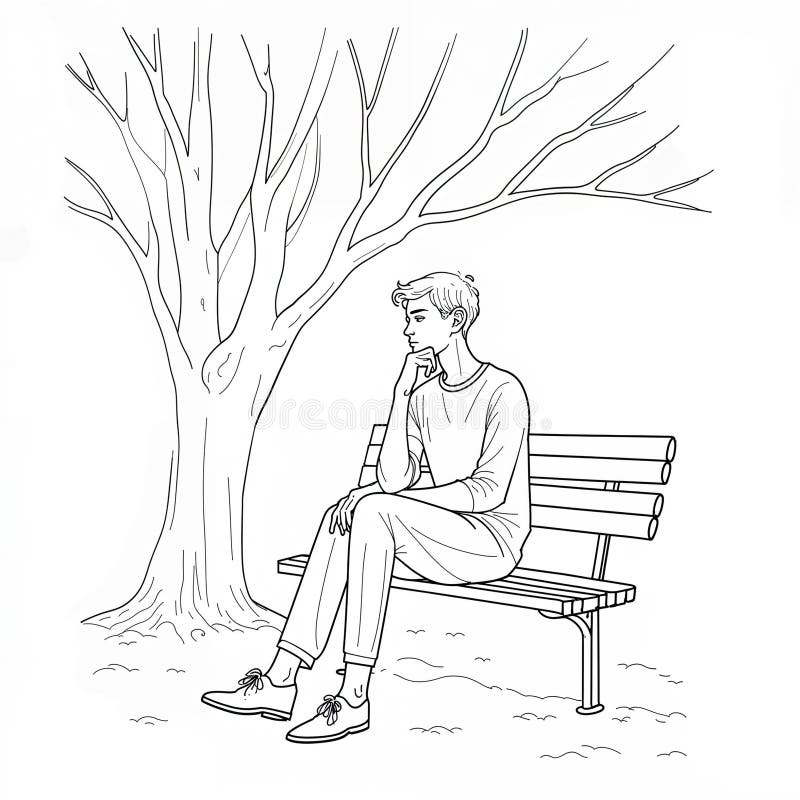 Black and White Line Drawing of Young Man Sitting on a Bench with ...