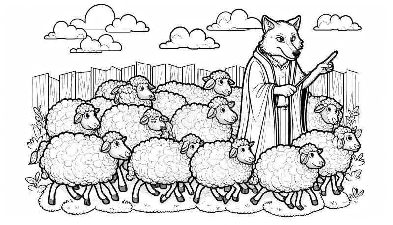 Black and White Line Illustration of a Wolf among a Group of Sheep ...
