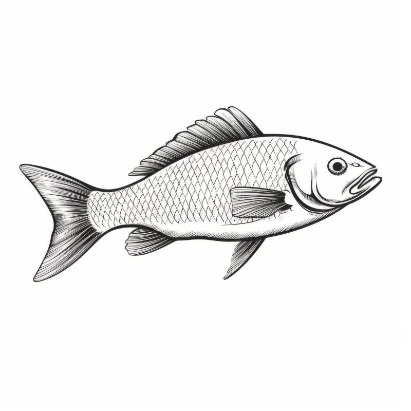 Black and White Linear Illustration of a Fish with Flat Shading Stock ...