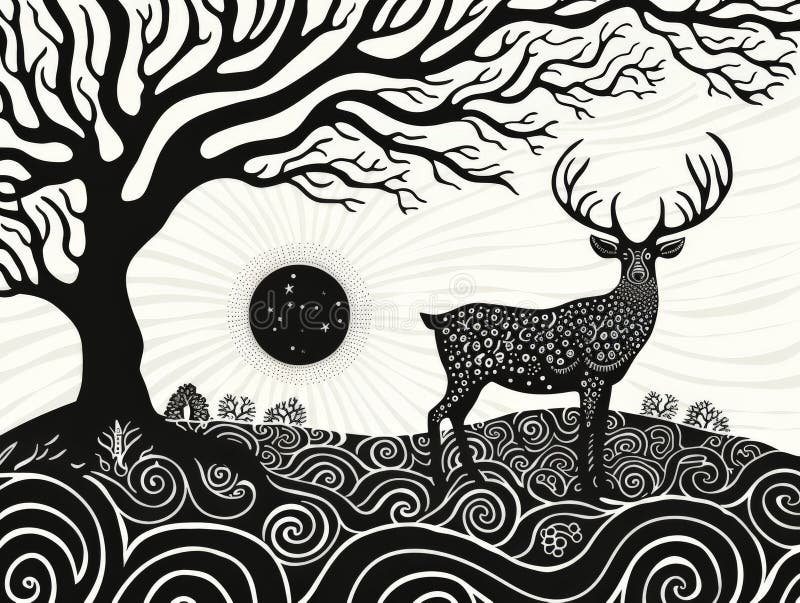 Deer Resting Beneath Tree in Black and White Linocut Stock Illustration ...
