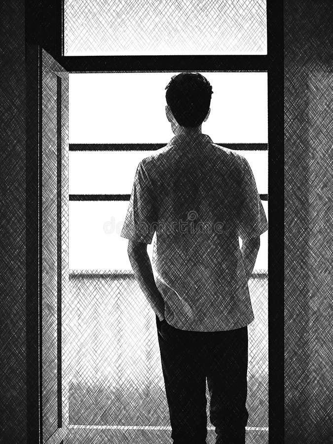 Black and White of Man Near the Window Stock Illustration ...