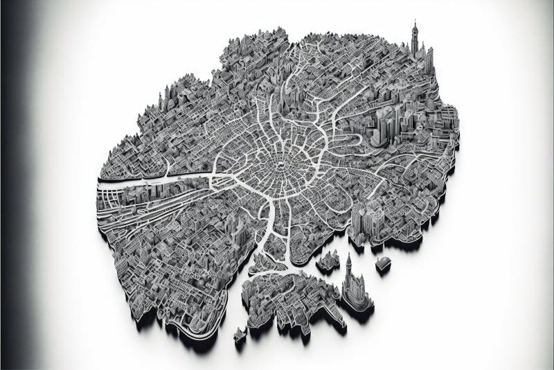 A Black and White Map of a City with Buildings and Streets in it, with ...