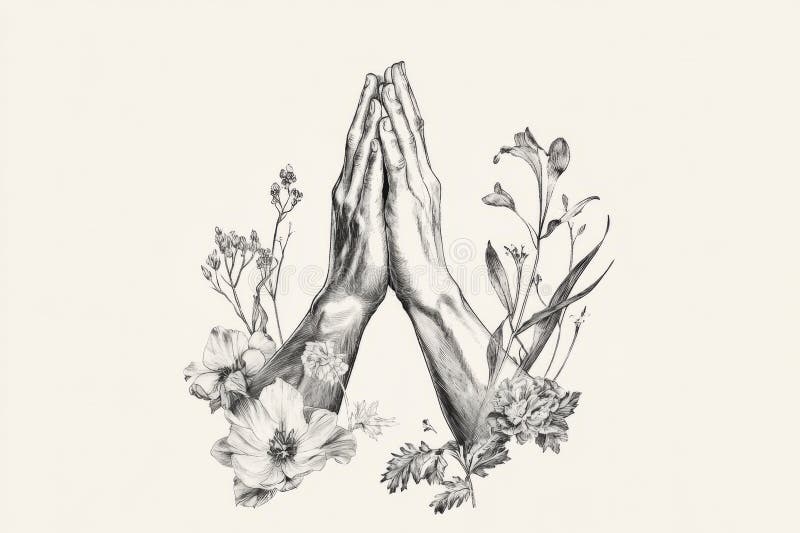 A Black and White Minimalist Drawing of Hands Clasped Together in ...