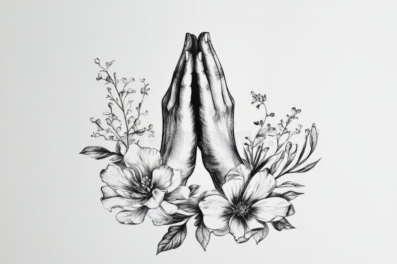 A Black and White Minimalist Drawing of Hands Clasped Together in ...