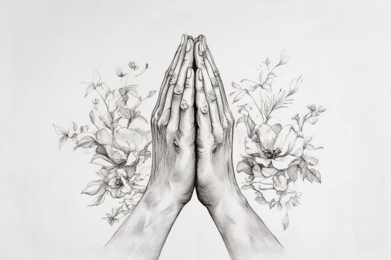 A Black and White Minimalist Drawing of Hands Clasped Together in ...