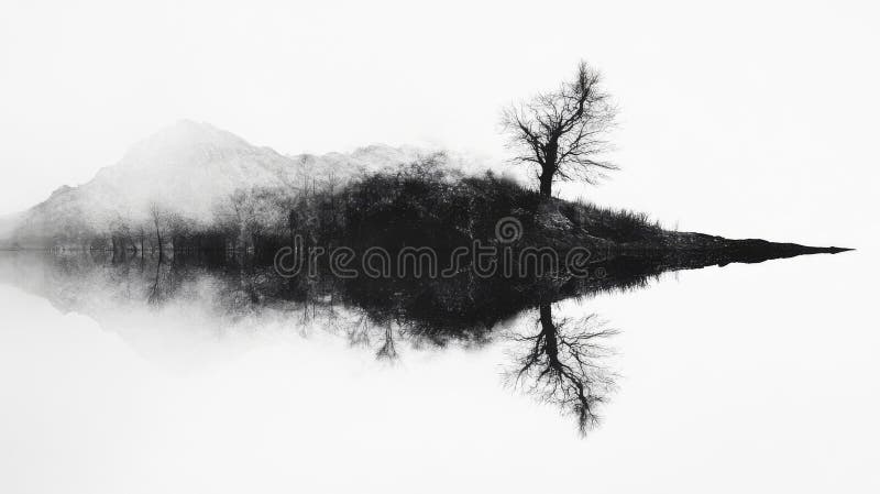 Black and White Minimalist Tree Reflection in Still Water Stock ...