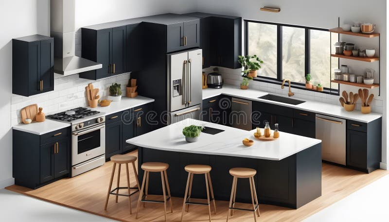 Black and White Modern Kitchen Isometric 3D Stock Illustration - Illustration of room, property ...