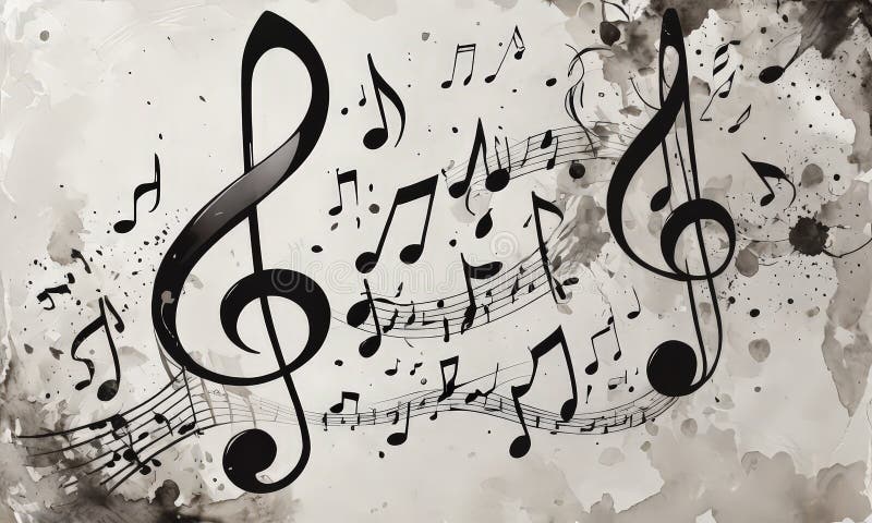 Black and White Musical Notes and Treble Clefs, with Splatters Ink or ...