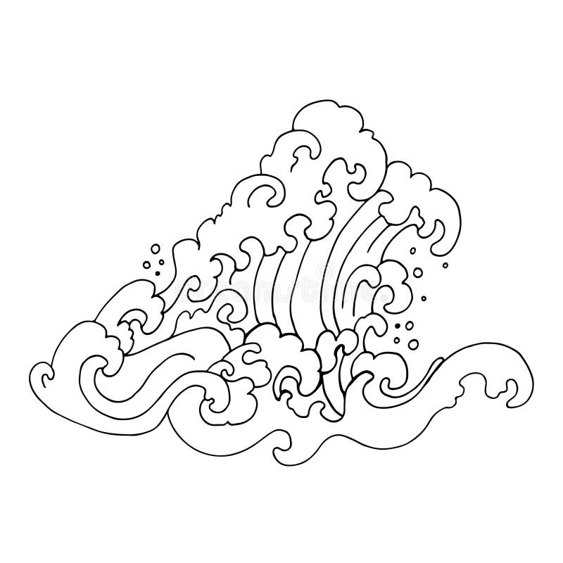 Black White Ocean Wave. Curly Waves and Foam Decorative Element ...