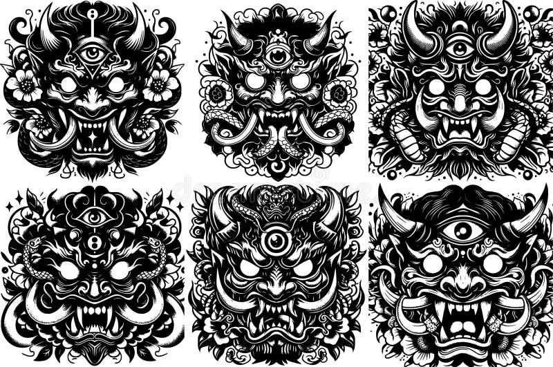 Black and White Oni Mask with Coiling Snake and Bold Floral Tattoo ...
