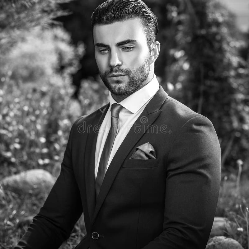 Black-white Outdoor Portrait of Elegant Handsome Man in Classical Suit ...