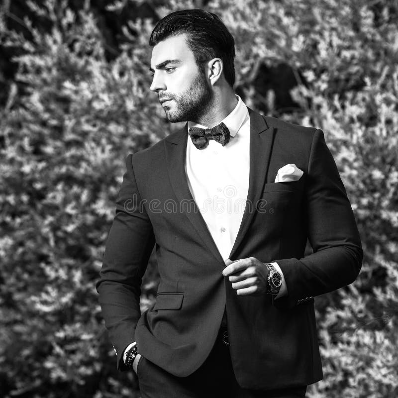 Black-white Outdoor Portrait of Elegant Handsome Man in Classical Suit ...