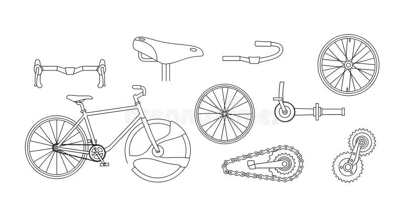 Outline Drawing of a Bicycle and Bicycle Parts Stock Illustration ...