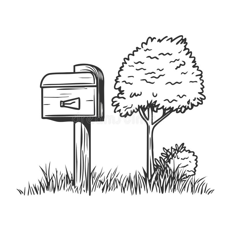 Black and White Outline Drawing of a Mailbox and Tree. Stock ...
