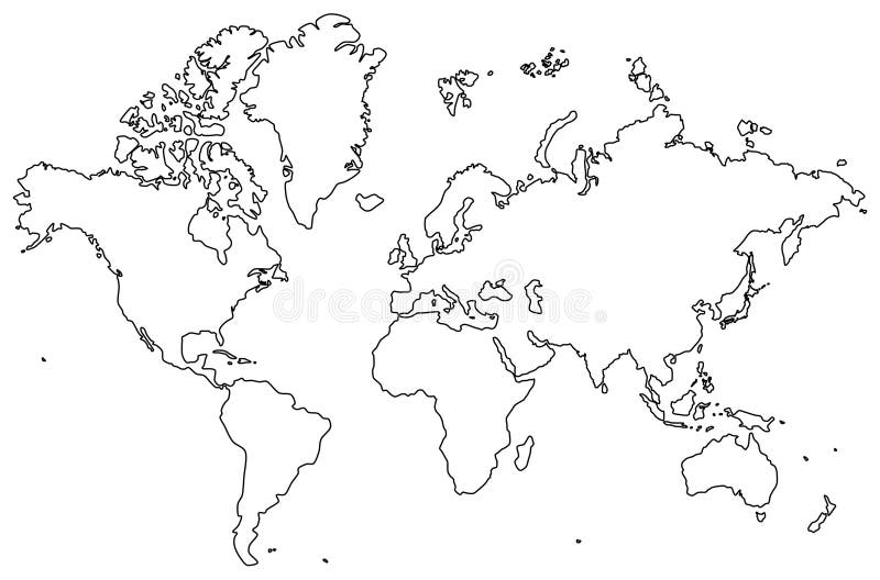 Black and White Outline Map of the World on a White Background. Vector ...