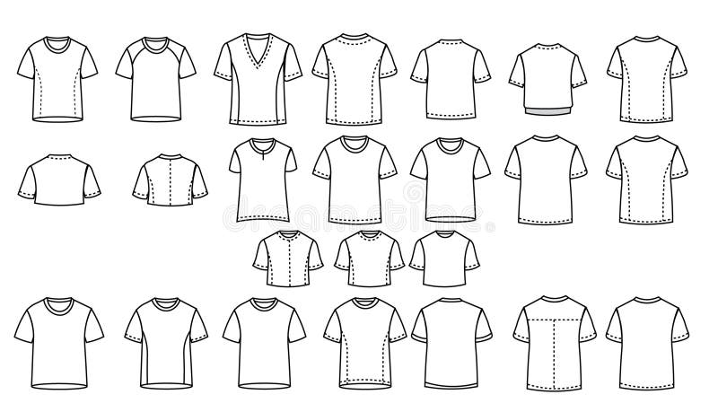 Various T-Shirt Styles Front and Back Outline Sketch Stock Vector ...