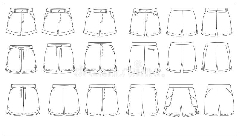 Different Shorts Designs Front and Back Outline Sketch Stock Vector ...