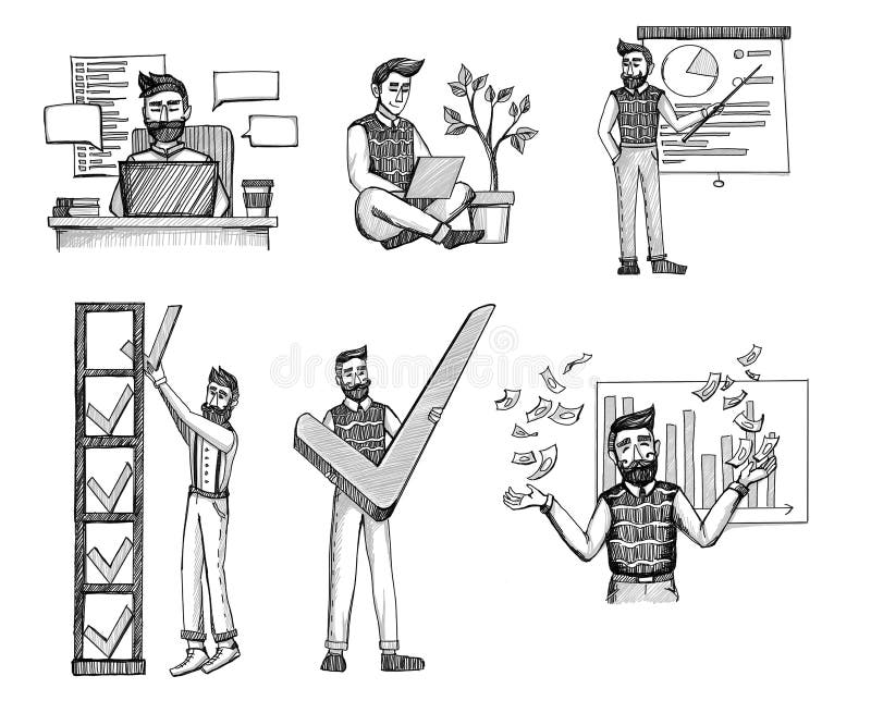 FinTech Technology Hand-drawn Set with Black and White Cartoon ...