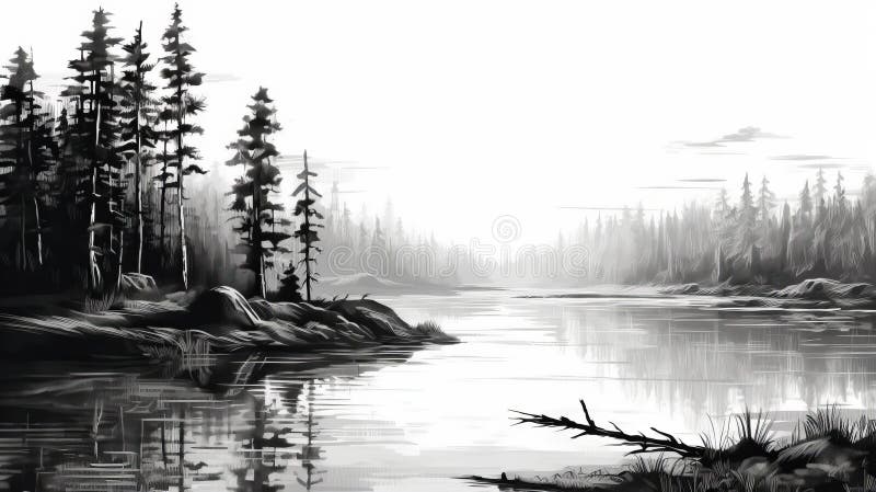 Stunning Black and White Lake Illustration with Pine Trees Stock ...