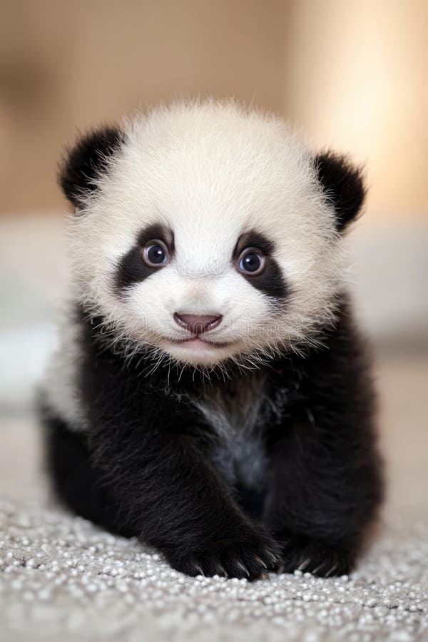 A Black-and-white Panda Sits Atop Soft, White Carpet, Gazing at the ...