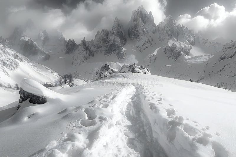 Black and White Panorama of Snowcovered Mountains in the Alps, High ...