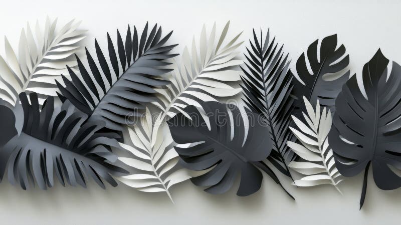 Black and White Paper Cutout Tropical Leaves on Gray Background Stock ...