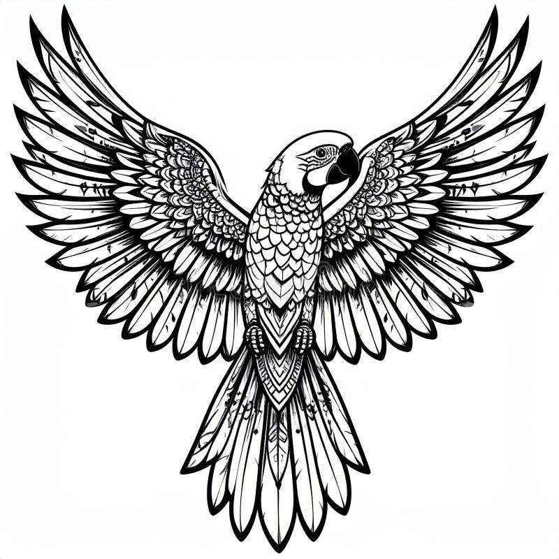 Black and White Parrot Drawing with Spread Wings Stock Illustration ...