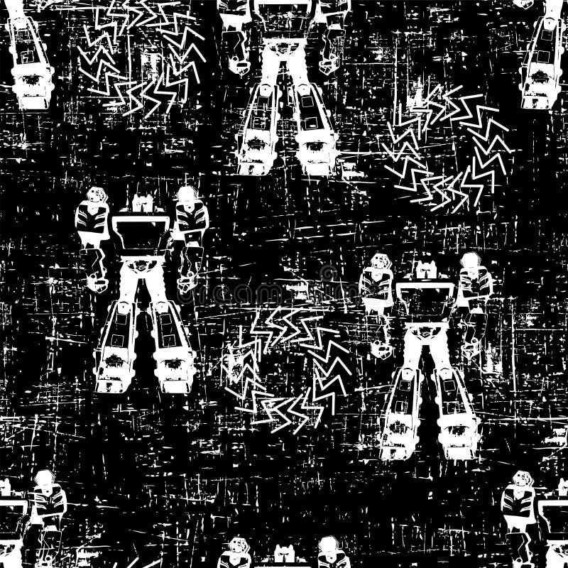 Black and White Pattern for Boys with Robots, Grunge Texture and ...
